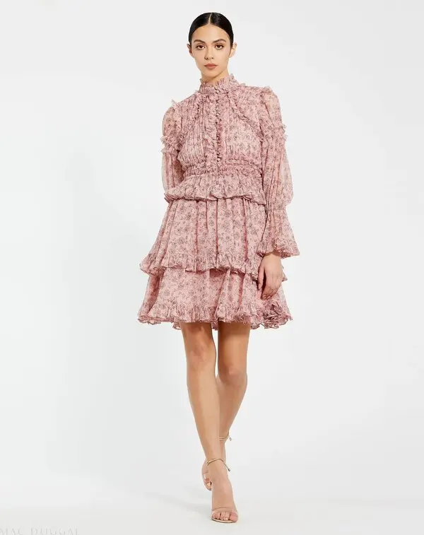 Mac Duggal Floral-printed Chiffon Mini Dress With Ruffle Detailing