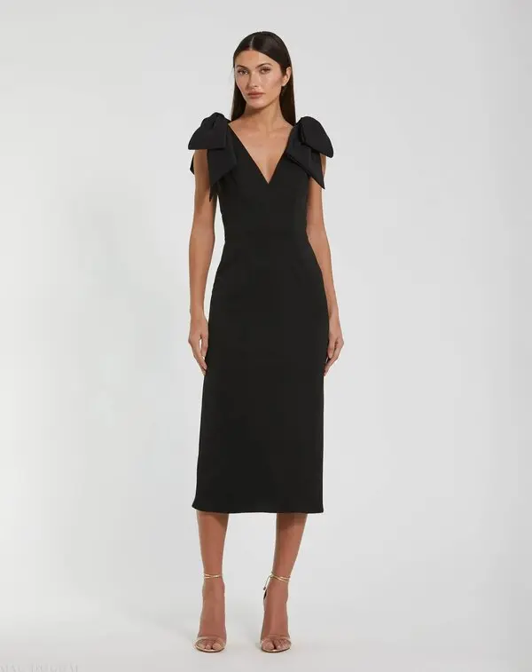 Mac Duggal Bow Strap Crepe Midi Dress - Black