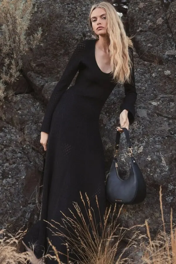 Mac Duggal Scoop Neck Long Sleeve Knit Maxi Dress
