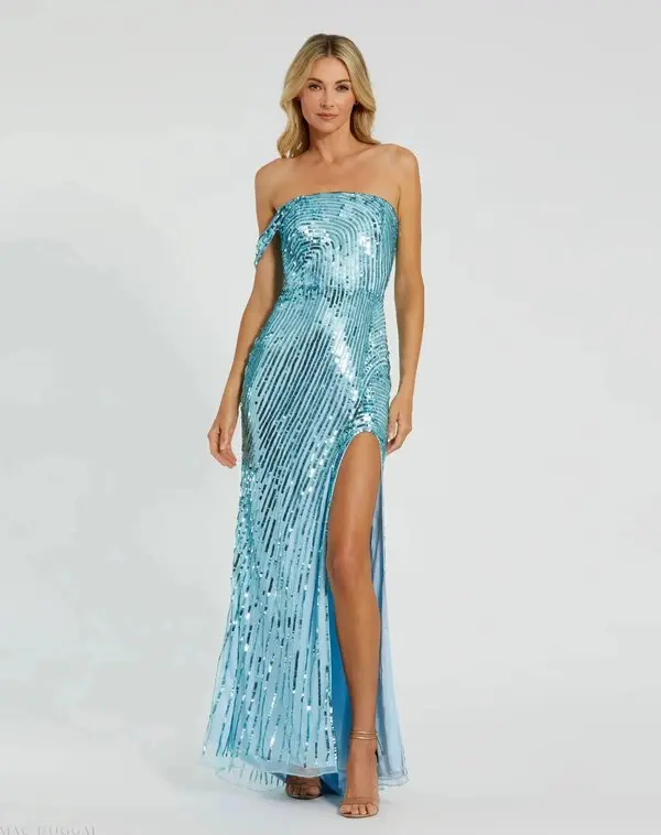Mac Duggal One-shoulder Sequin Mesh Gown - Blue