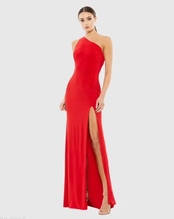 Mac Duggal Jersey One-shoulder Draped Back Gown - Red