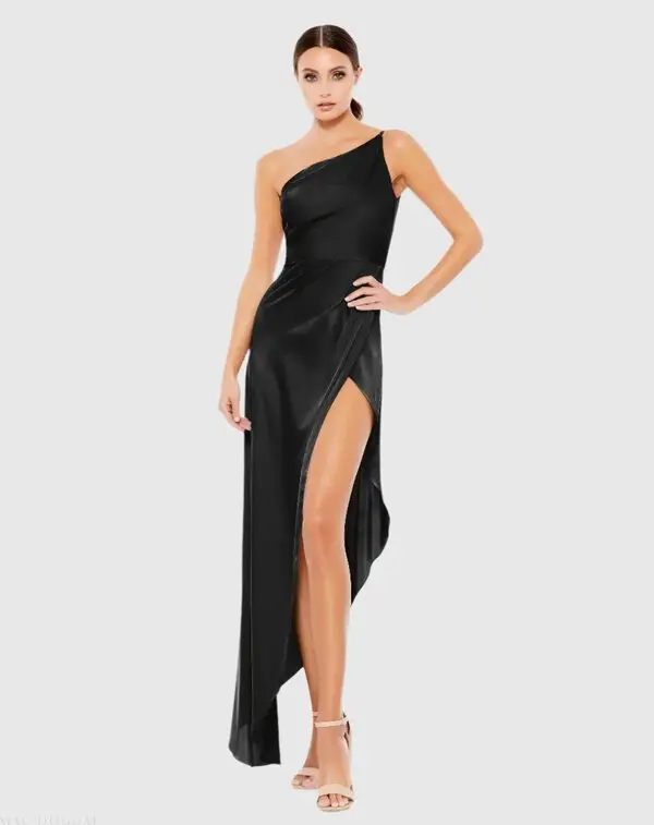 Mac Duggal One-shoulder Hi-low Draped Charmeuse Dress