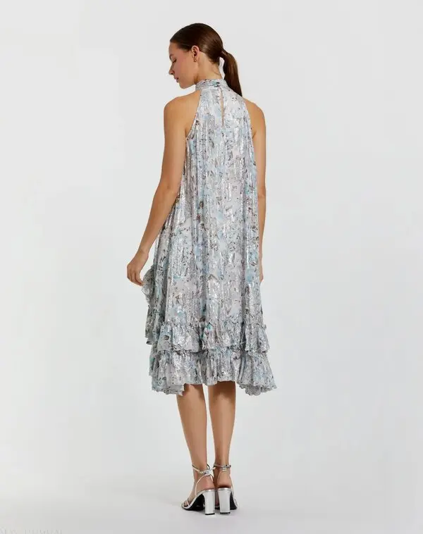 Mac Duggal Floral High-Neck Mini Dress With Ruffle Hem - Blue | Editorialist
