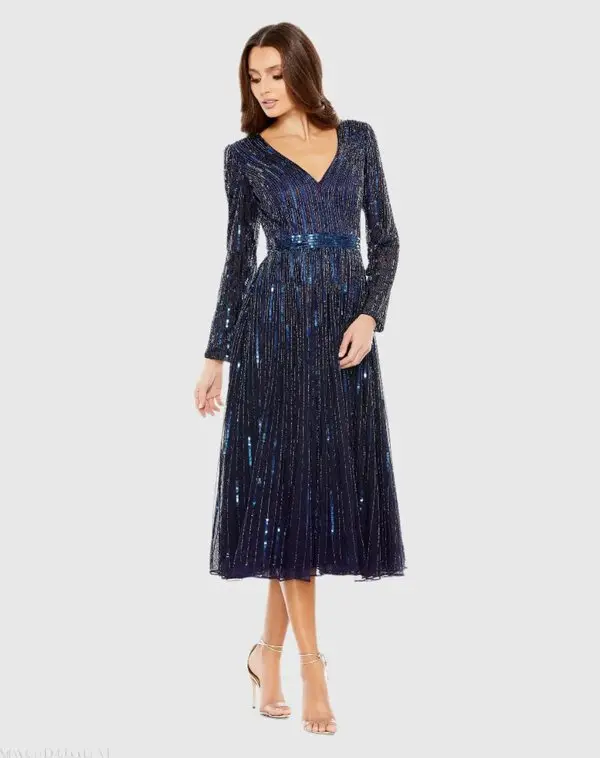 Mac Duggal Sequin Tea Length Dress - Midnight