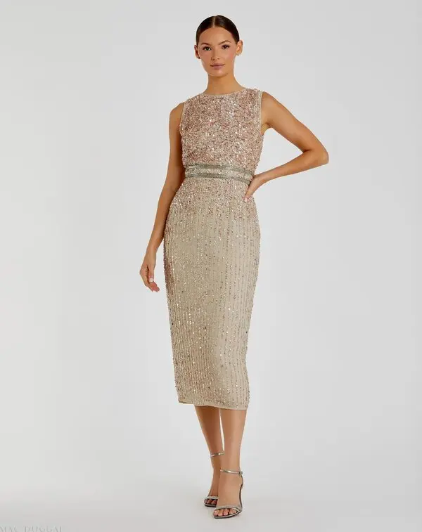 Mac Duggal Sequin Sleeveless Midi Sheath Dress