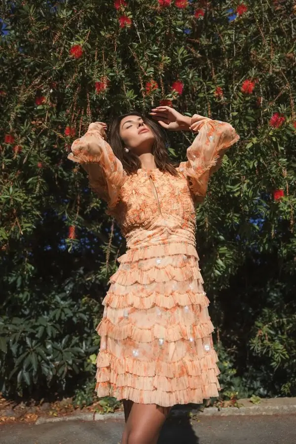 Mac Duggal Floral Printed Mini Dress With Ruffle Detailing In Peach Multi |  Editorialist