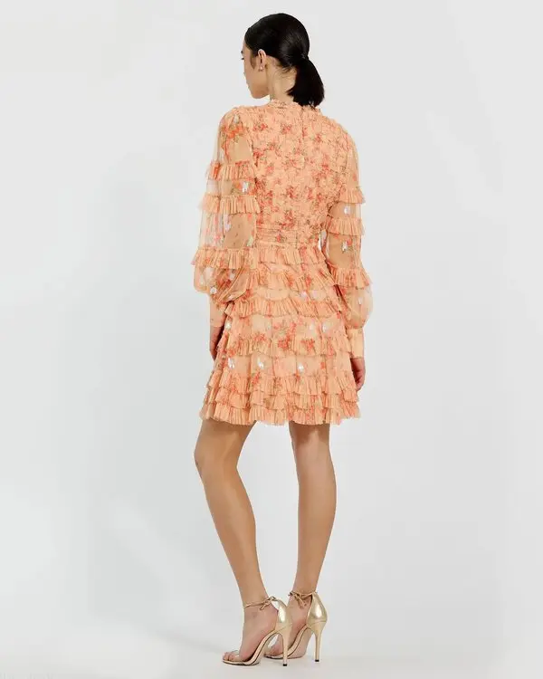 Mac Duggal Floral Printed Mini Dress With Ruffle Detailing In Peach Multi |  Editorialist