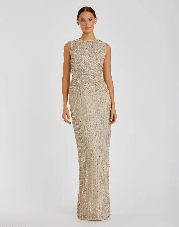 Mac Duggal Sequin High Neck Sleeveless Column Gown - Neutral
