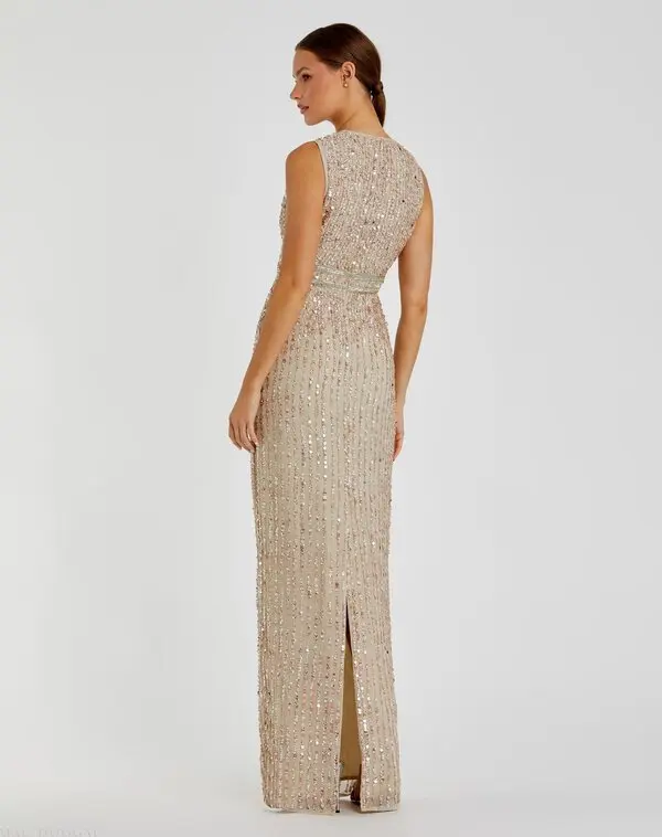 Mac Duggal Sequin High Neck Sleeveless Column Gown - Neutral