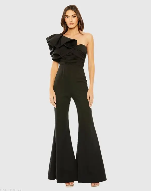Mac Duggal One-shoulder Ruffle Detail Flare Pant Jumpsuit - Black