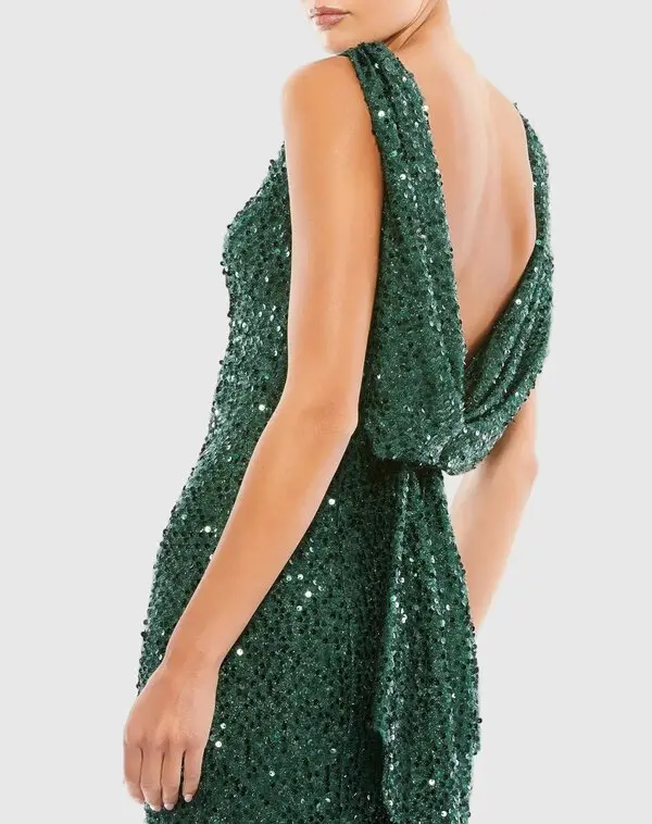 Mac Duggal Cowl Back Boat Neck Sequined Gown - Green