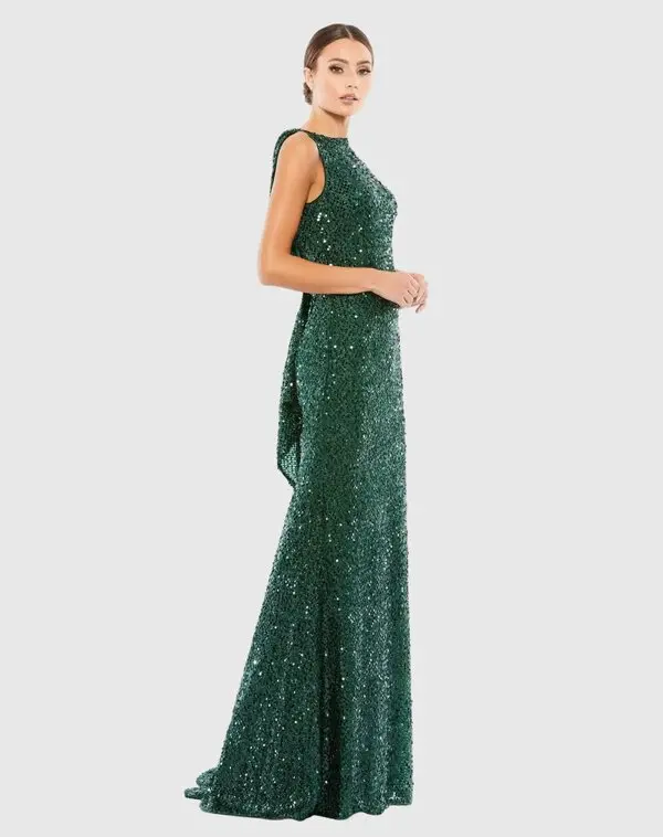 Mac Duggal Cowl Back Boat Neck Sequined Gown - Green