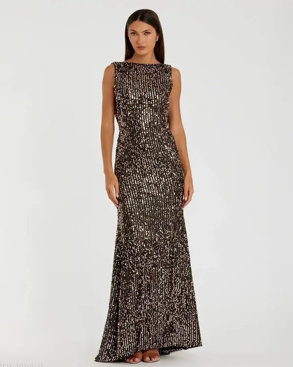 Mac Duggal Sequin Mesh Evening Gown With Cowl Back - Brown