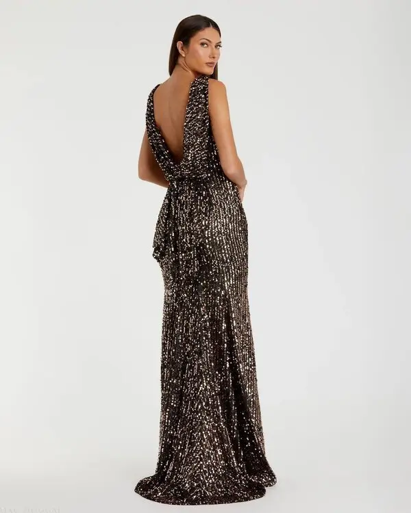 Mac Duggal Sequin Mesh Evening Gown With Cowl Back - Brown