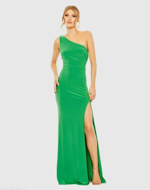 Mac Duggal Jersey One-shoulder Draped Back Gown - Green