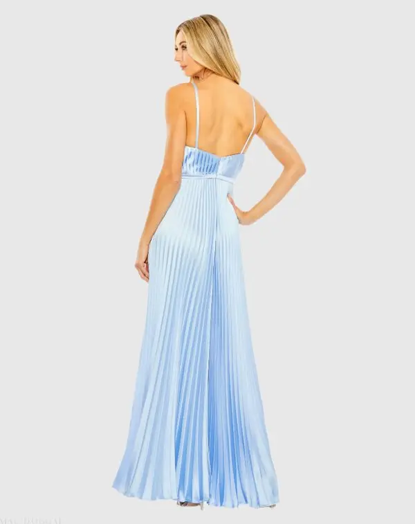 Mac Duggal Pleated Plunge Neck Wide Leg Jumpsuit - Blue