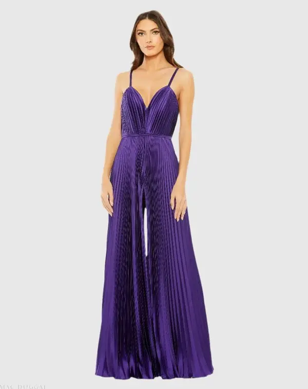 Mac Duggal Pleated Plunge Neck Wide Leg Jumpsuit - Purple