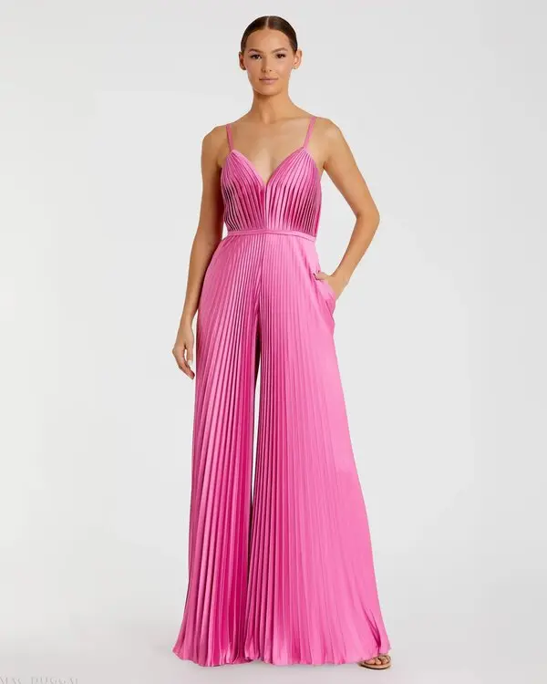 Mac Duggal Pleated Plunge Neck Wide Leg Jumpsuit - Pink