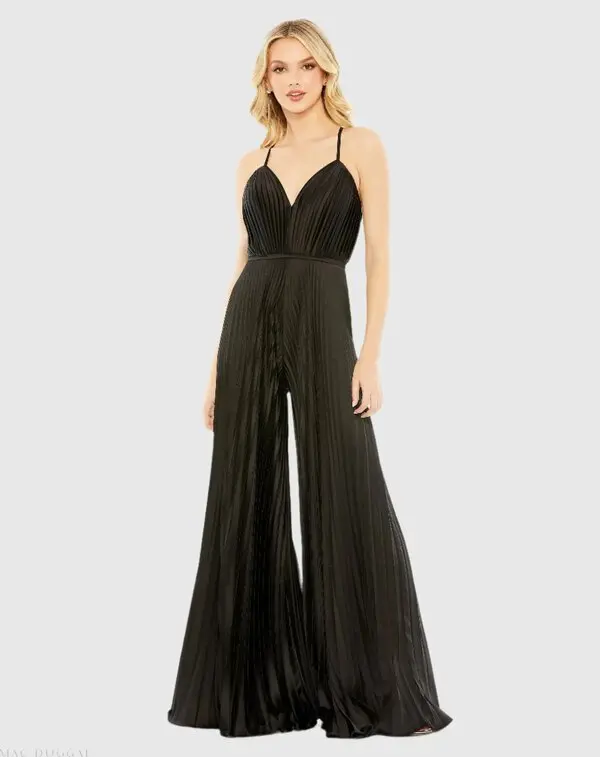 Mac Duggal Pleated Plunge Neck Wide Leg Jumpsuit - Black