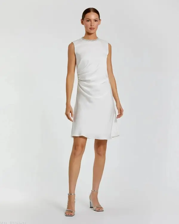 Mac Duggal Rhinestone Neckline Draped Mini Dress