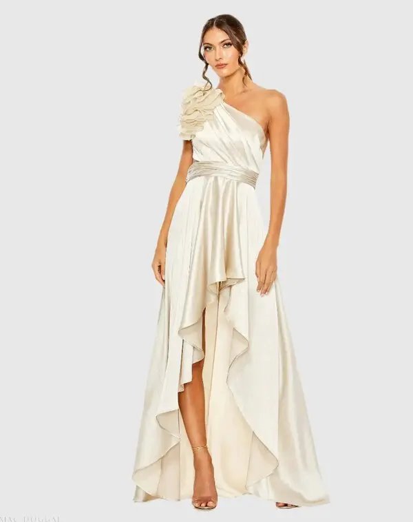 Mac Duggal Ruffled One-shoulder Hi-low Gown - Neutral