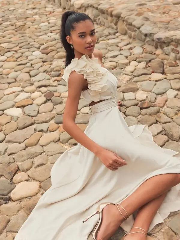 Mac Duggal Ruffled One-shoulder Hi-low Gown - Neutral