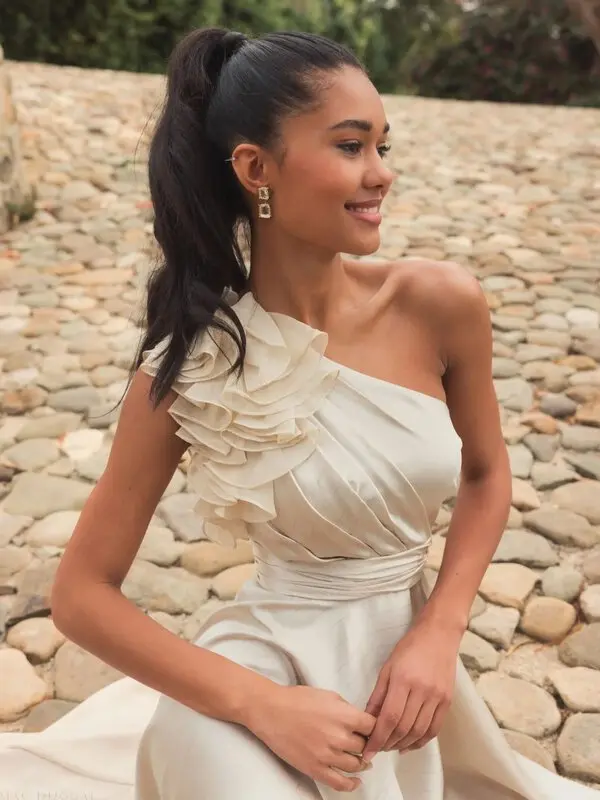 Mac Duggal Ruffled One-shoulder Hi-low Gown - Neutral