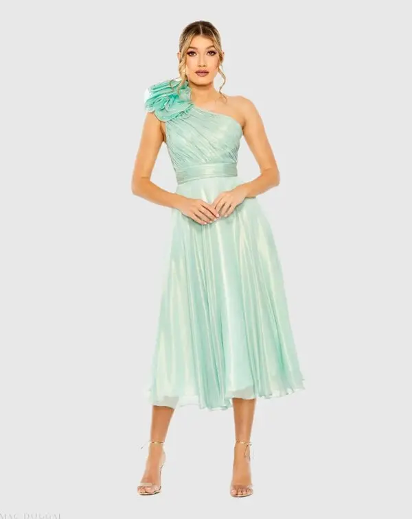 Mac Duggal One-shoulder Pleated Tea-length Dress