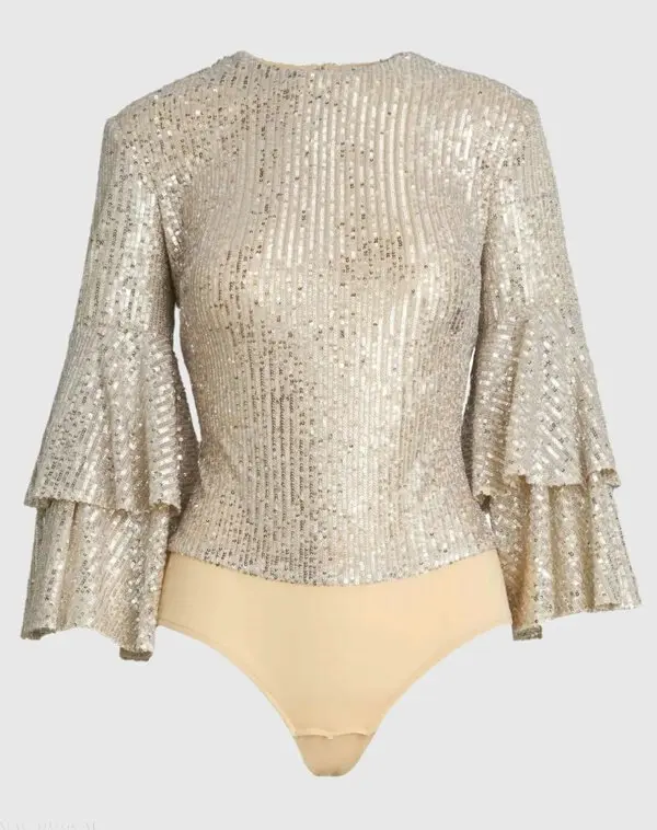 Mac Duggal Ruffle Sleeve Sequin Bodysuit