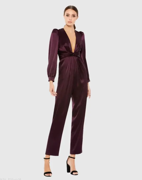 Mac Duggal Front Twist Puff Sleeve Deep V Jumpsuit - Purple