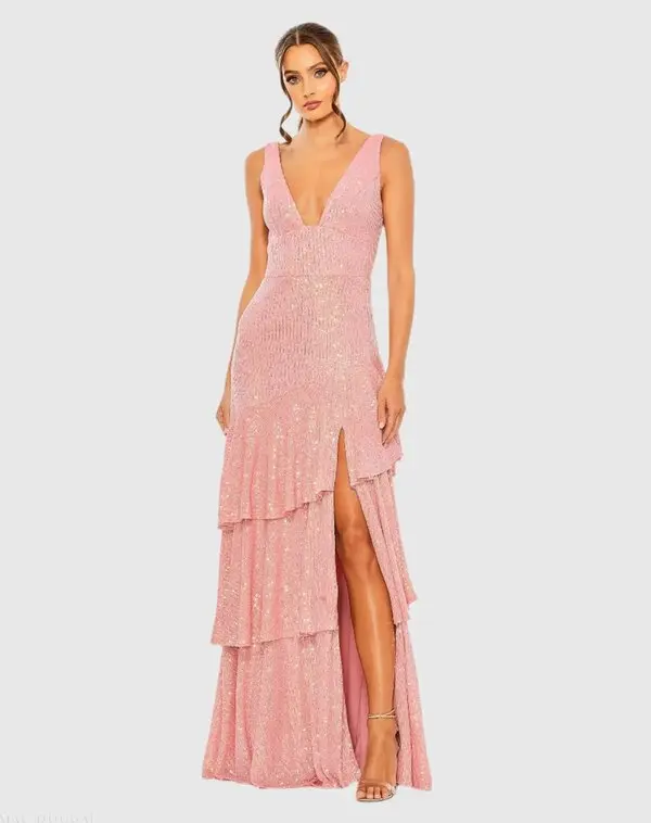 Mac Duggal Sequin Asymmetrical Ruffle Tiered Gown