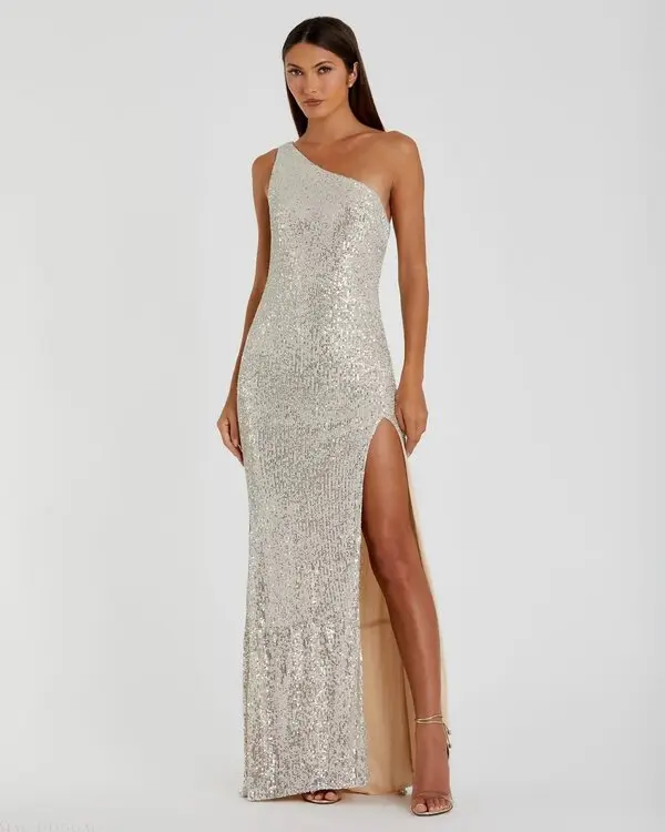 Mac Duggal Sequined One-shoulder Gown With Draped Back - Silver