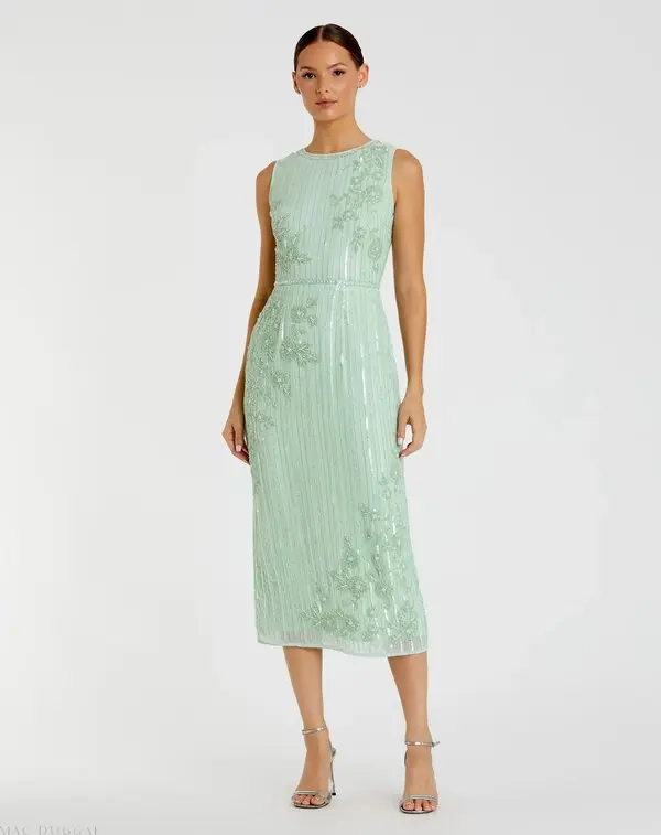 Mac Duggal Striped Floral Embellished Sleeveless Midi Dress - Green
