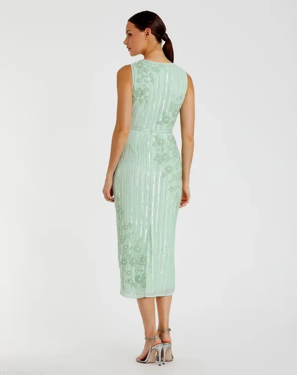 Mac Duggal Striped Floral Embellished Sleeveless Midi Dress - Green