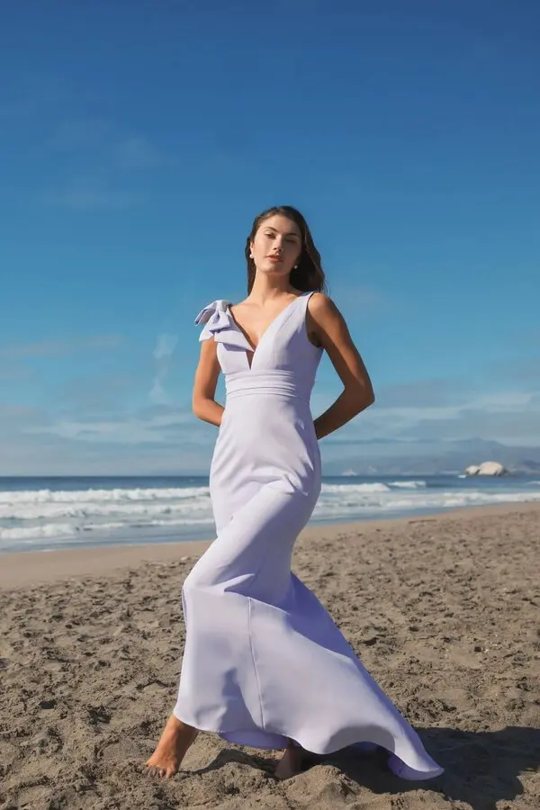 Mac Duggal Sleeveless V-neck Bow Detail Mermaid Gown - Purple
