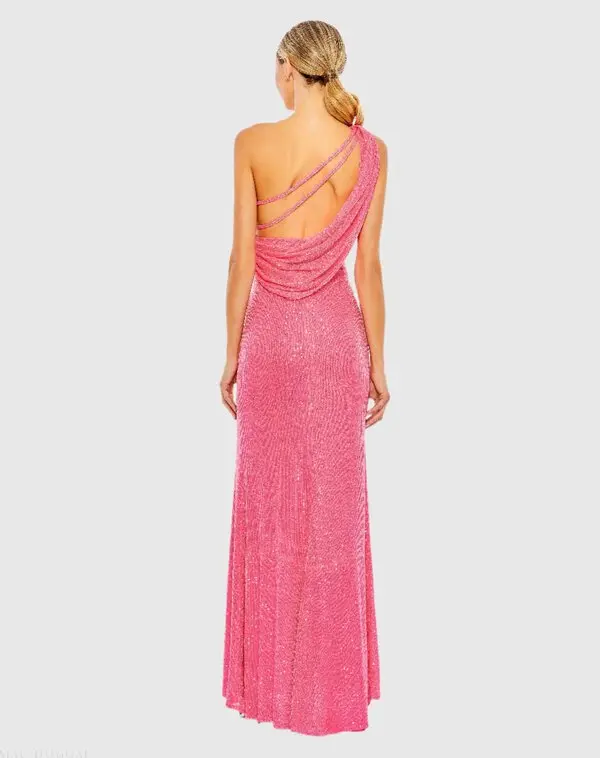 Mac Duggal Sequined One-shoulder Gown With Draped Back - Pink