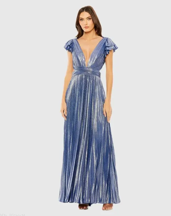 Mac Duggal Ruffle Sleeve Cutout Pleated Metallic Gown - Blue