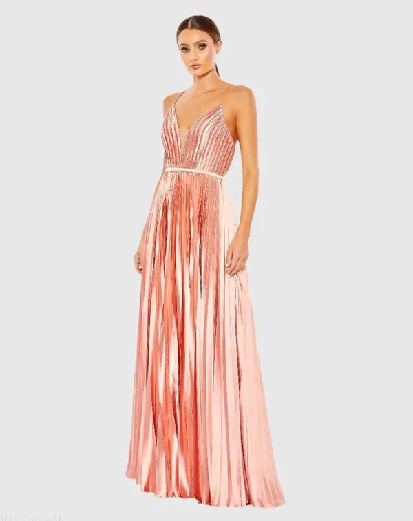 Mac Duggal Plunge Neck Pleated Evening Gown