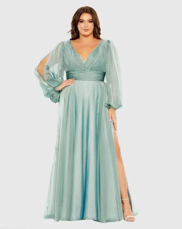 Mac Duggal Puff Sleeve Embellished Cuff V-neck A-line Gown - Blue
