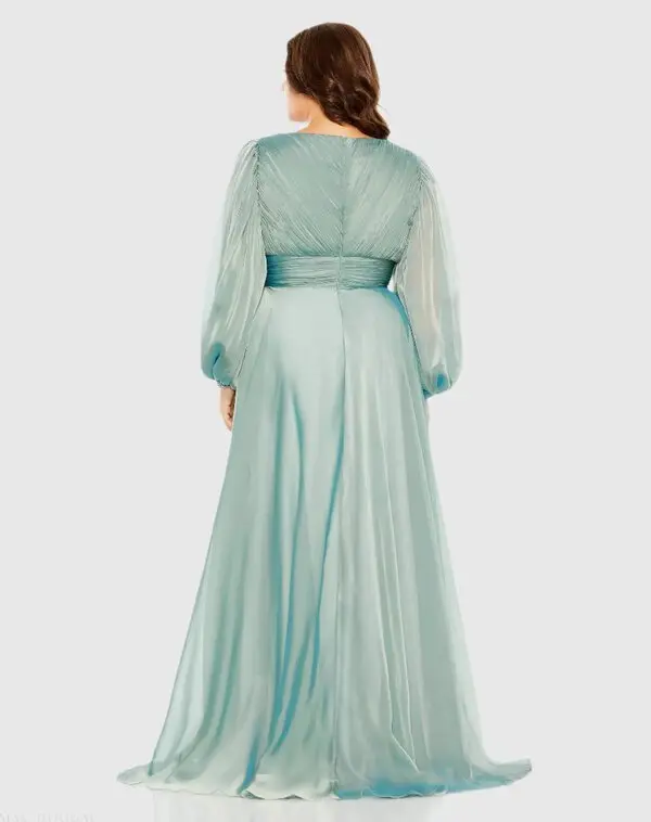 Mac Duggal Puff Sleeve Embellished Cuff V-neck A-line Gown - Blue