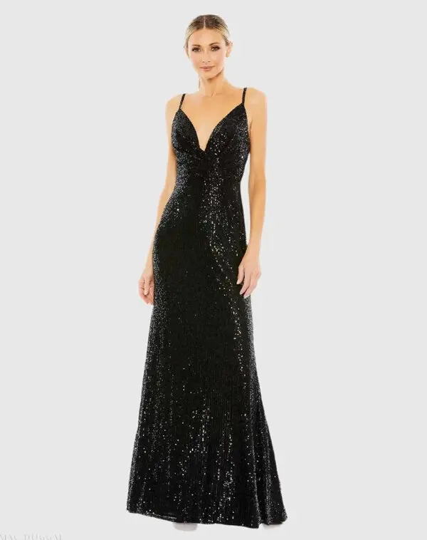 Mac Duggal Sequined Draped V-neck Gown