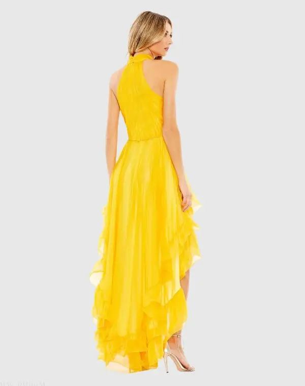Mac Duggal Ruffle Tiered High-low Halter Neck Gown