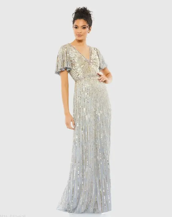 Mac Duggal Embellished V-neck Butterfly Sleeve Column Gown - Silver
