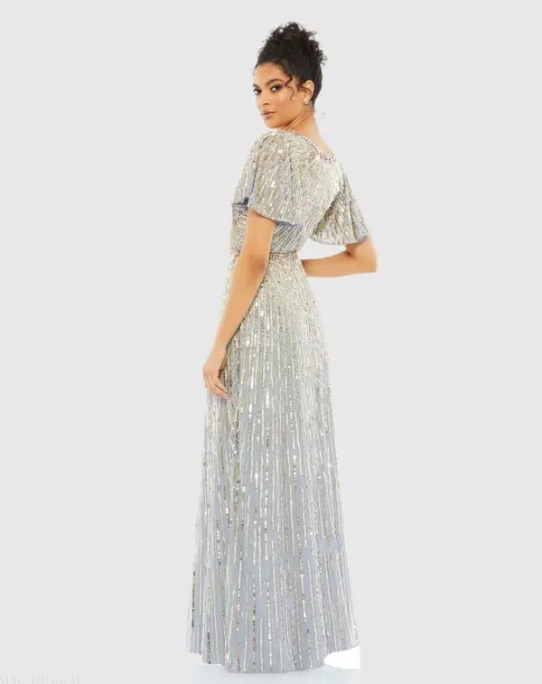 Mac Duggal Embellished V-neck Butterfly Sleeve Column Gown - Silver