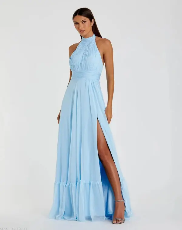 Mac Duggal High-neck Tiered Chiffon Halter Gown - Blue