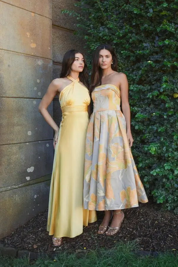 Mac Duggal Ruched Halter Neck Tie Back Satin Gown - Yellow