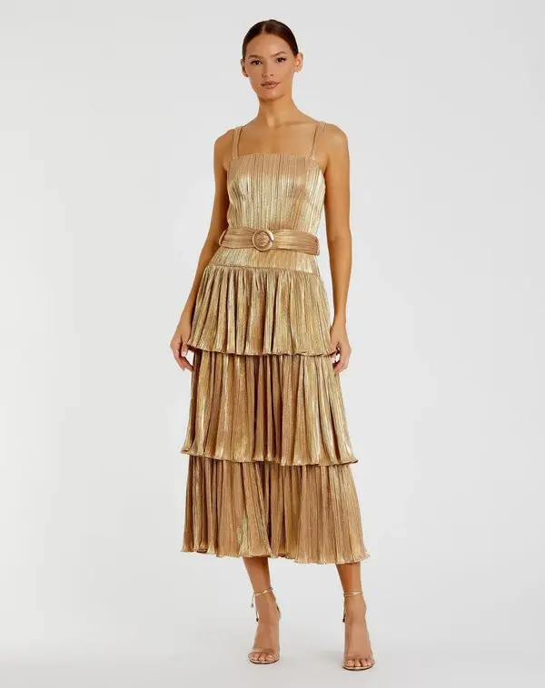 Mac Duggal Metallic Pliss Tiered Ruffle Dress
