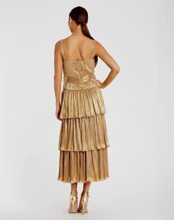 Mac Duggal Metallic Pliss Tiered Ruffle Dress