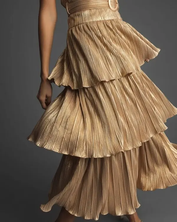 Mac Duggal Metallic Pliss Tiered Ruffle Dress