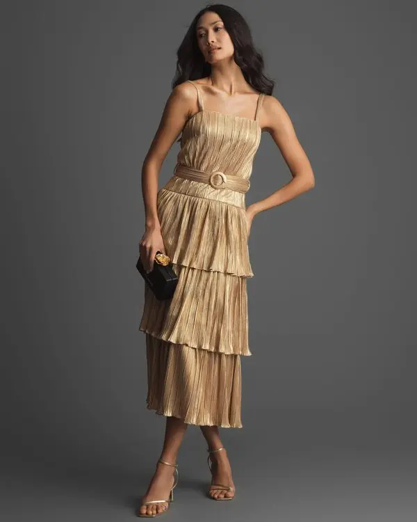 Mac Duggal Metallic Pliss Tiered Ruffle Dress